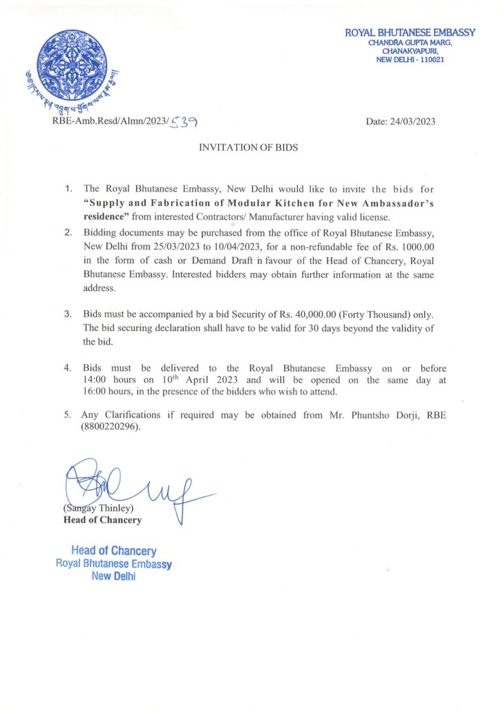 Invitation of bids – Royal Bhutanese Embassy, New Delhi