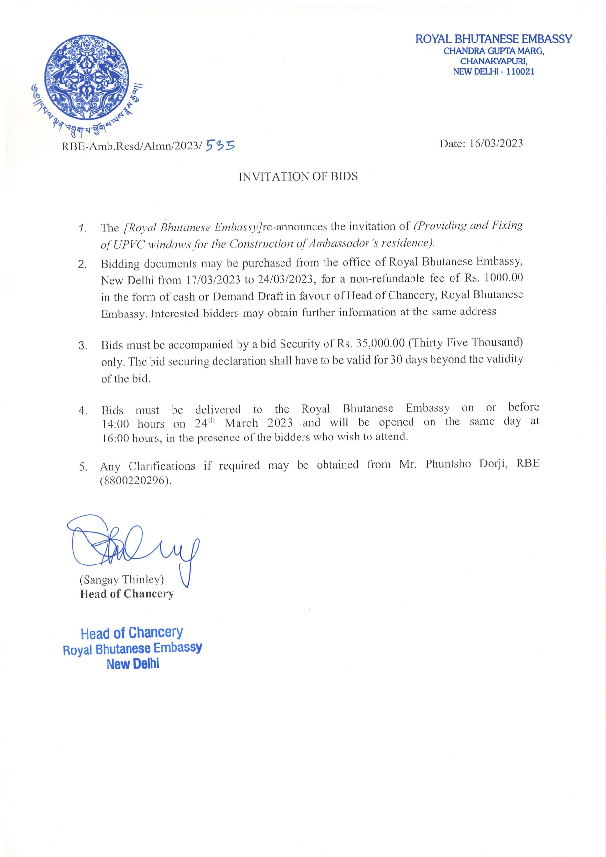 Invitation of Bids – Royal Bhutanese Embassy, New Delhi