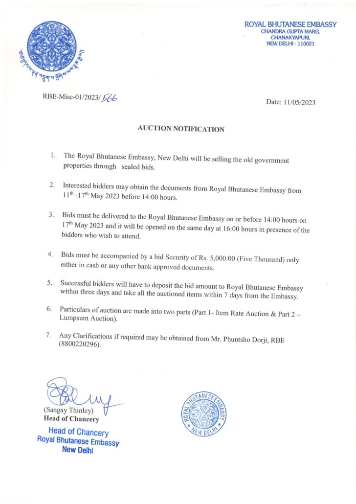 Auction Notification – Royal Bhutanese Embassy, New Delhi