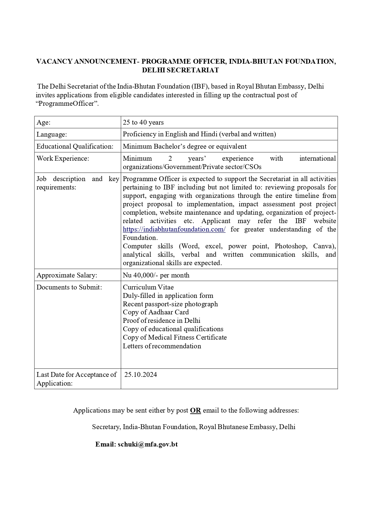 Vacancy Announcement – Royal Bhutanese Embassy, New Delhi
