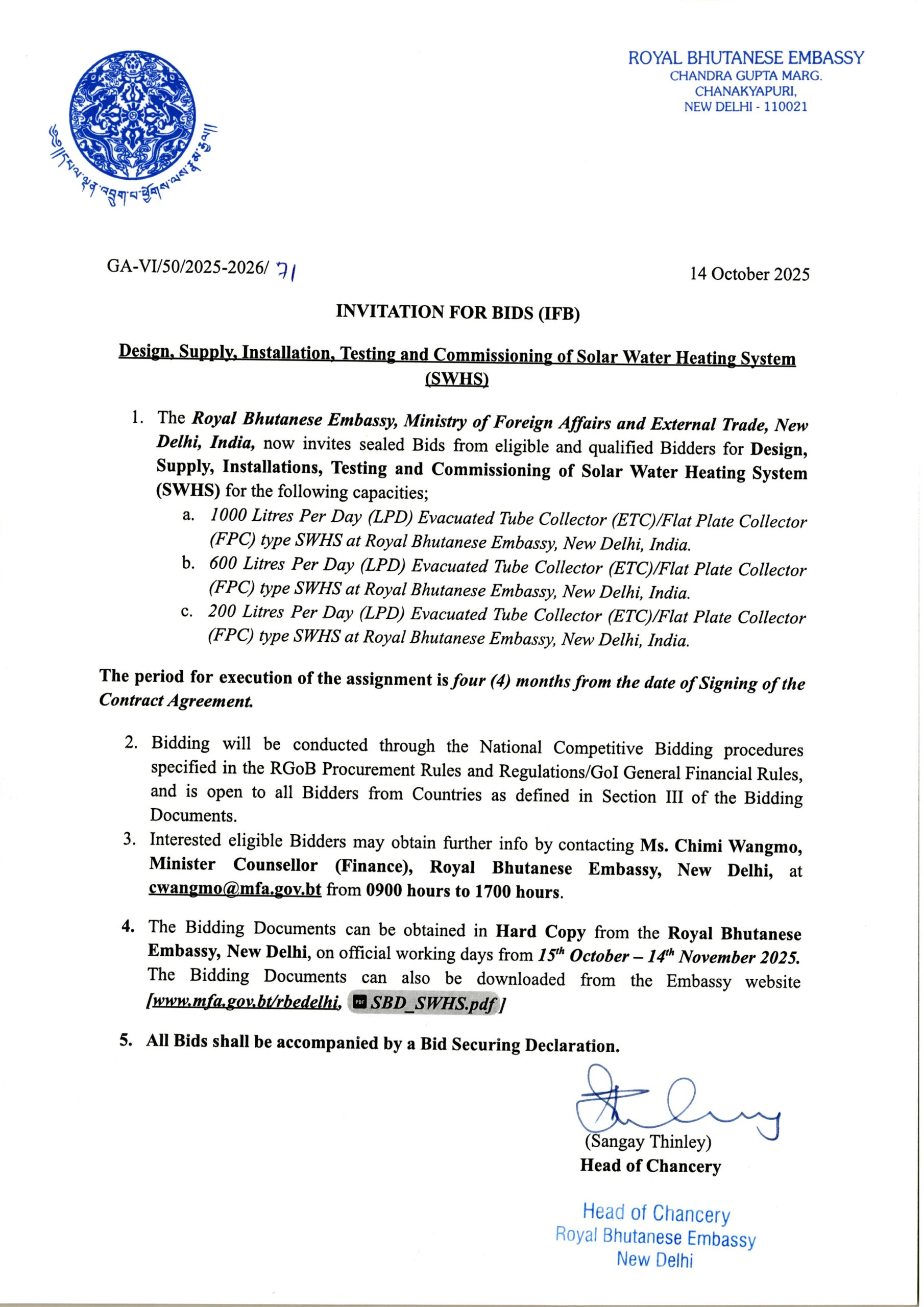 Invitation of BIDS for Solar Water Heating System – Royal Bhutanese ...