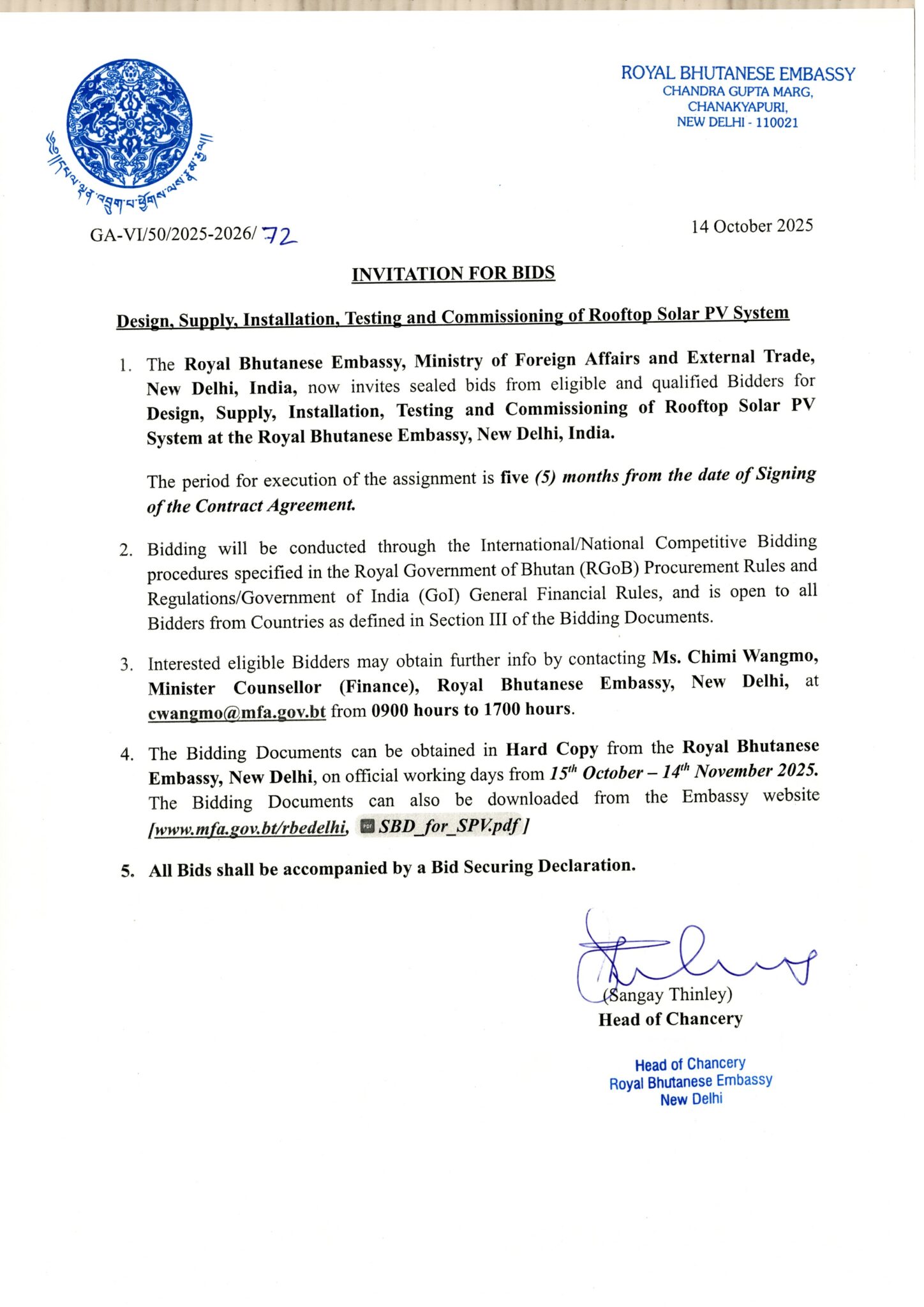 Invitation of BIDS for Rooftop Solar PV System – Royal Bhutanese ...