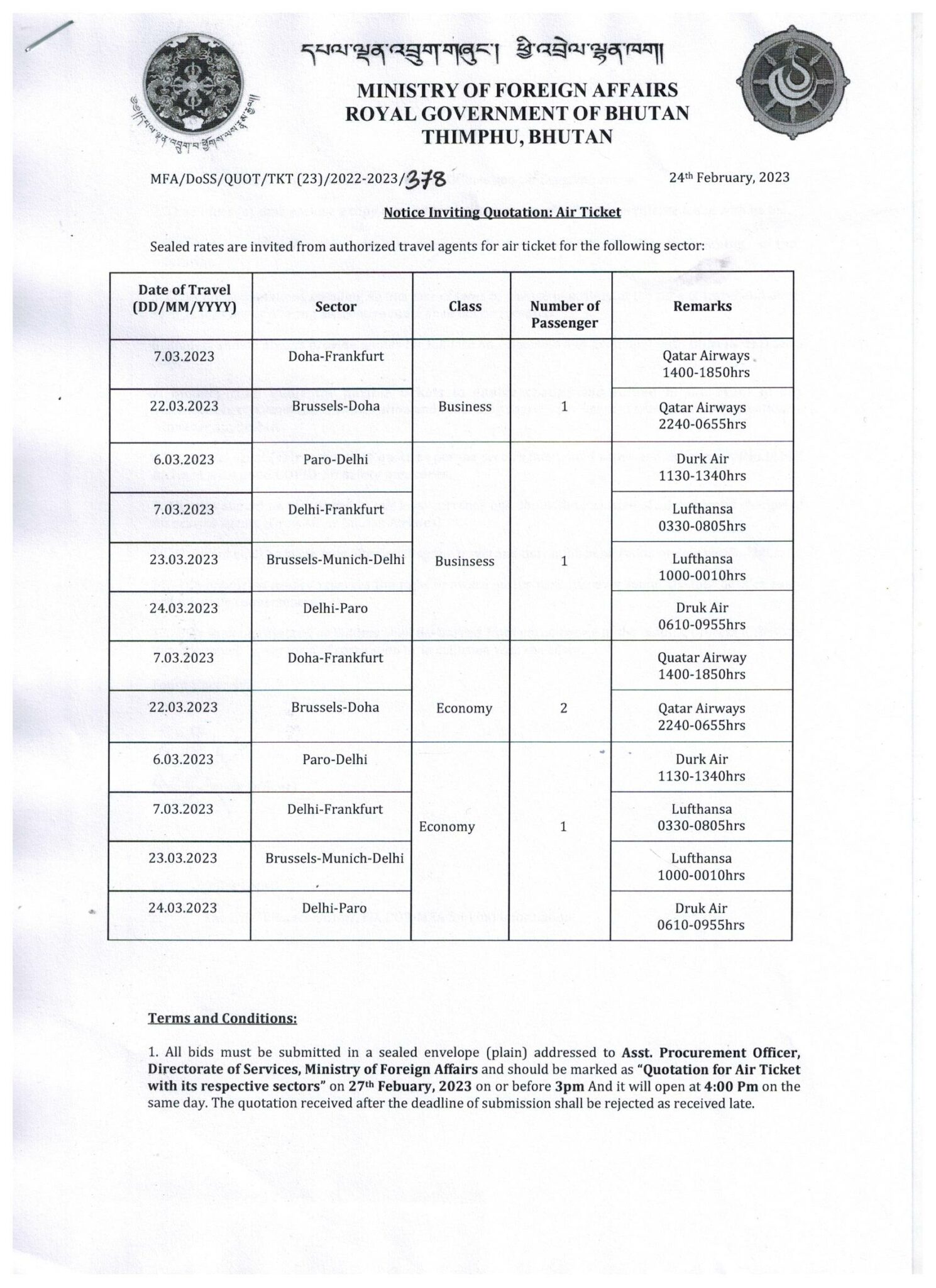 Notice Inviting Quotation: Air Ticket – Ministry of Foreign Affairs and ...