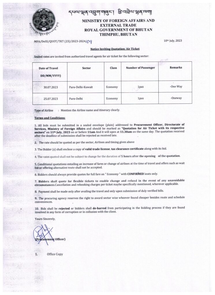Invitation of Quotation for Air Ticket – Ministry of Foreign Affairs ...